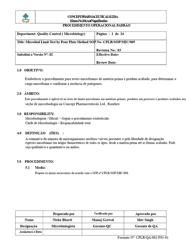 Teste de Limite Microbiano SOP CPLR/SOP/MIC/005 | PDF | Ágar | Solubilidade