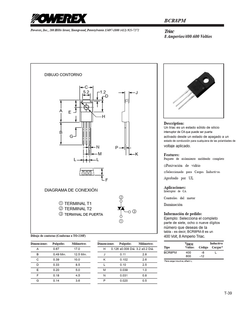 Triac BCR8PM: 8A, 400-600V Especificaciones | PDF | Voltio | voltaje