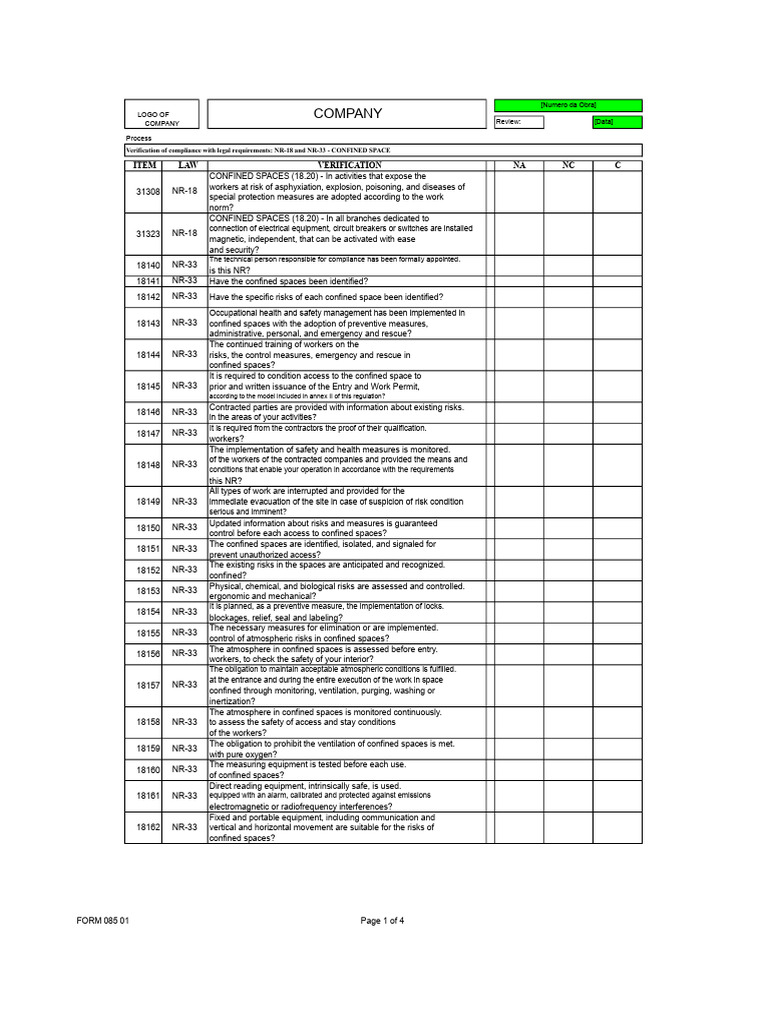 140368953 Checklist NR 18 and NR 33 Confined Space | PDF | Regulatory ...