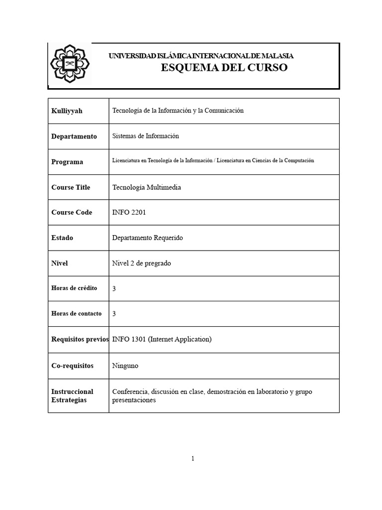 Esquema Del Curso - Tecnología Multimedia - InFO 2201 | PDF | Multimedia | Software