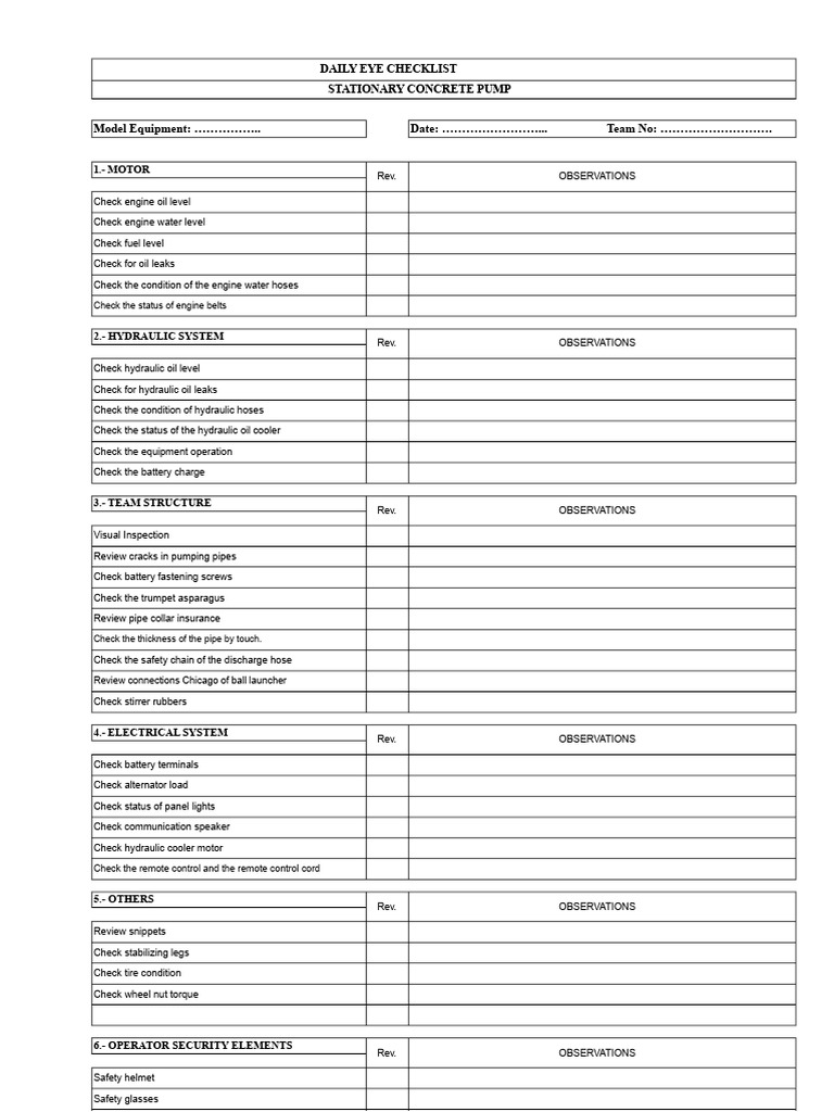 Concrete Pump Checklist | PDF