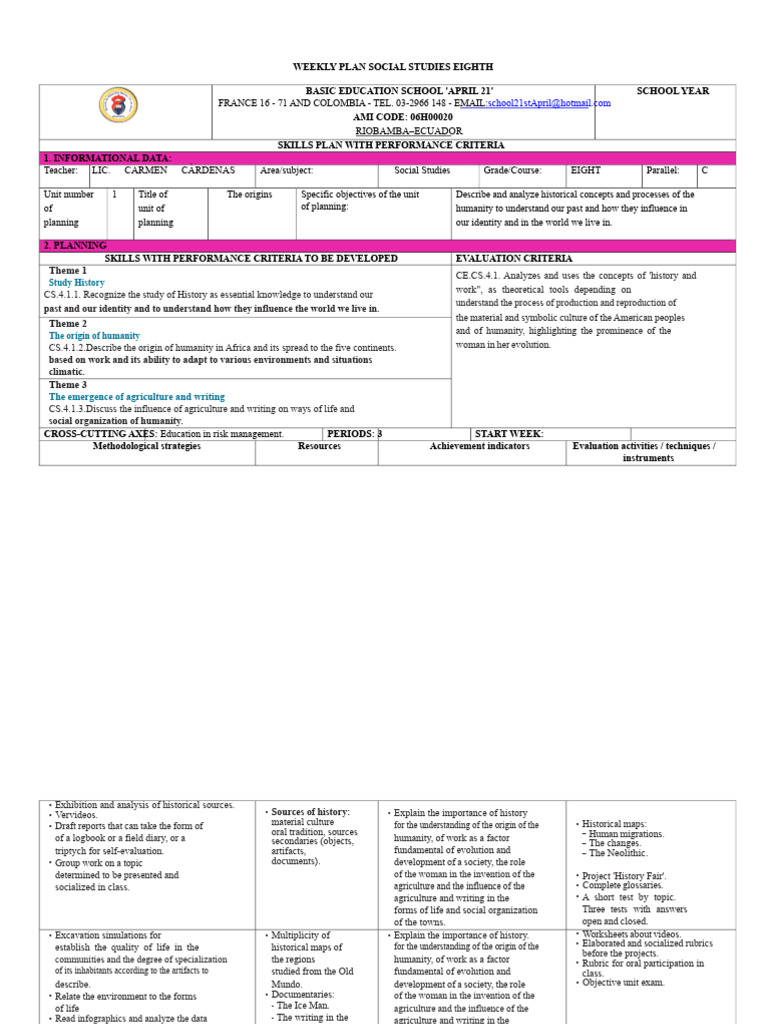 Weekly Plan Social Studies Eighth Grade | PDF