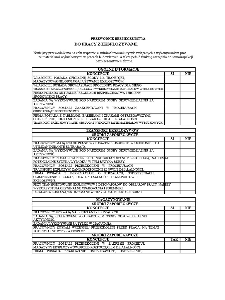 LISTA kontrolna prac z materiałami wybuchowymi | PDF
