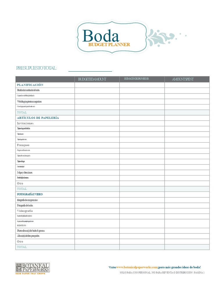 Hoja de Presupuesto para La Planificación de Bodas | PDF | Presupuesto