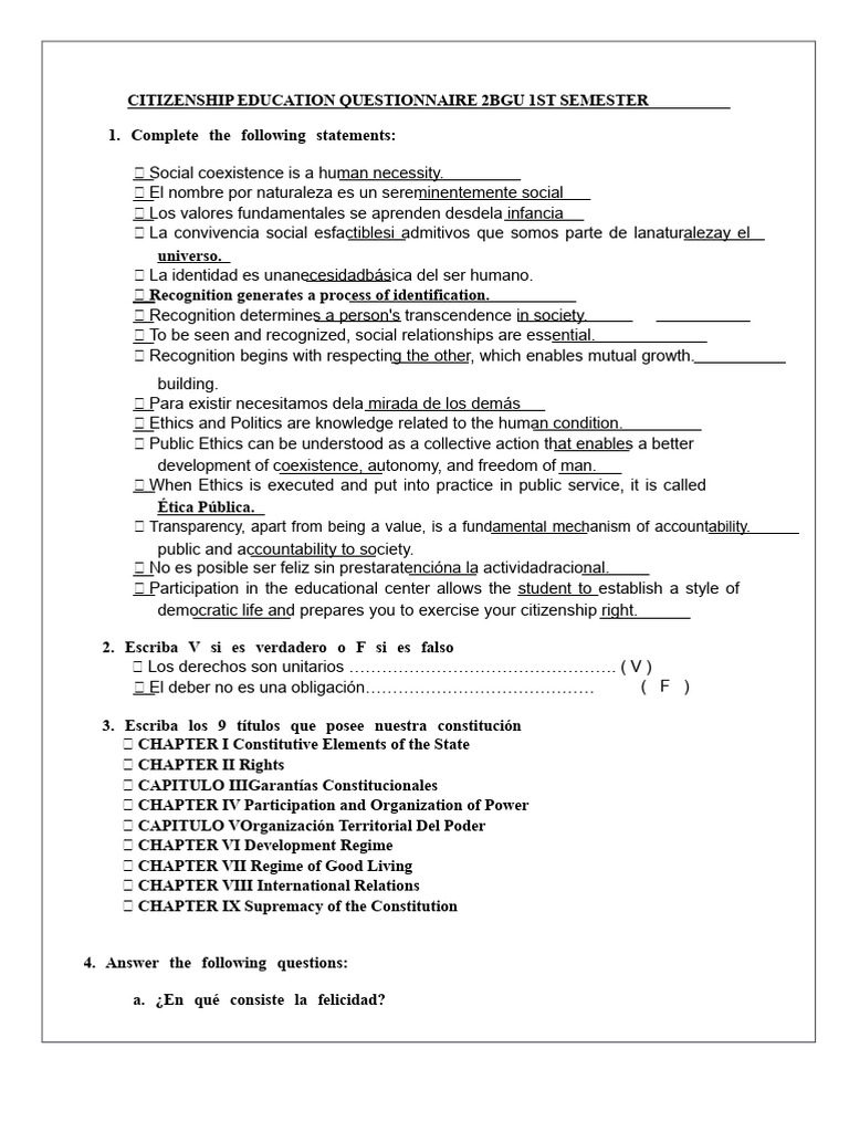 Citizenship Questionnaire 1st Semester 2nd BGU | PDF
