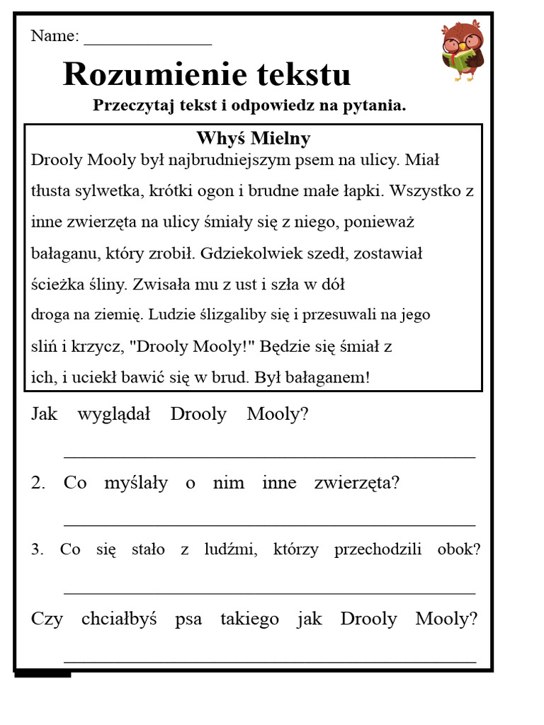 Czytanie Ze Zrozumieniem Klasa 1 Drooly Mooly | PDF