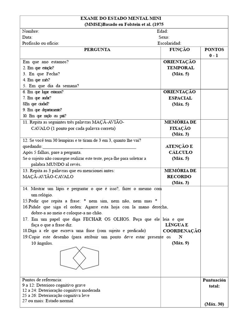 Exame Mini Mental: Avaliação Cognitiva | PDF