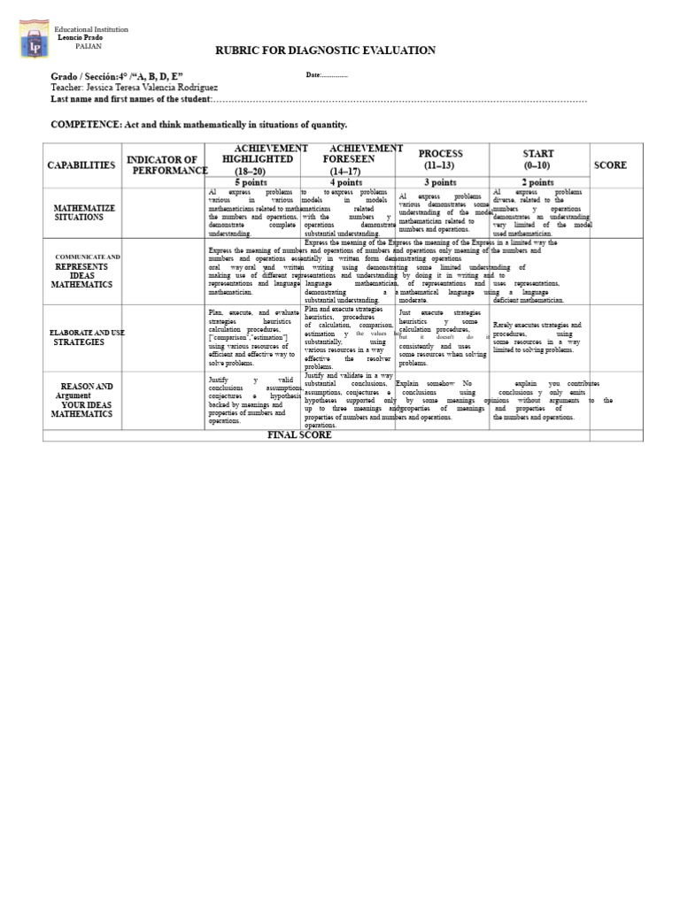 Diagnostic Evaluation Rubric for Math | PDF | Mathematics | Argument