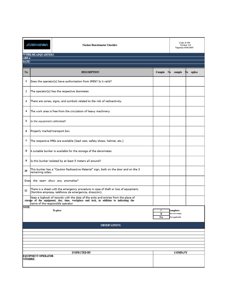 194 Nuclear densitometer checklist | PDF