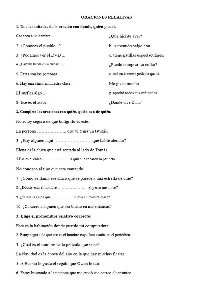 Ejercicios de Oraciones Relativas en Español | PDF