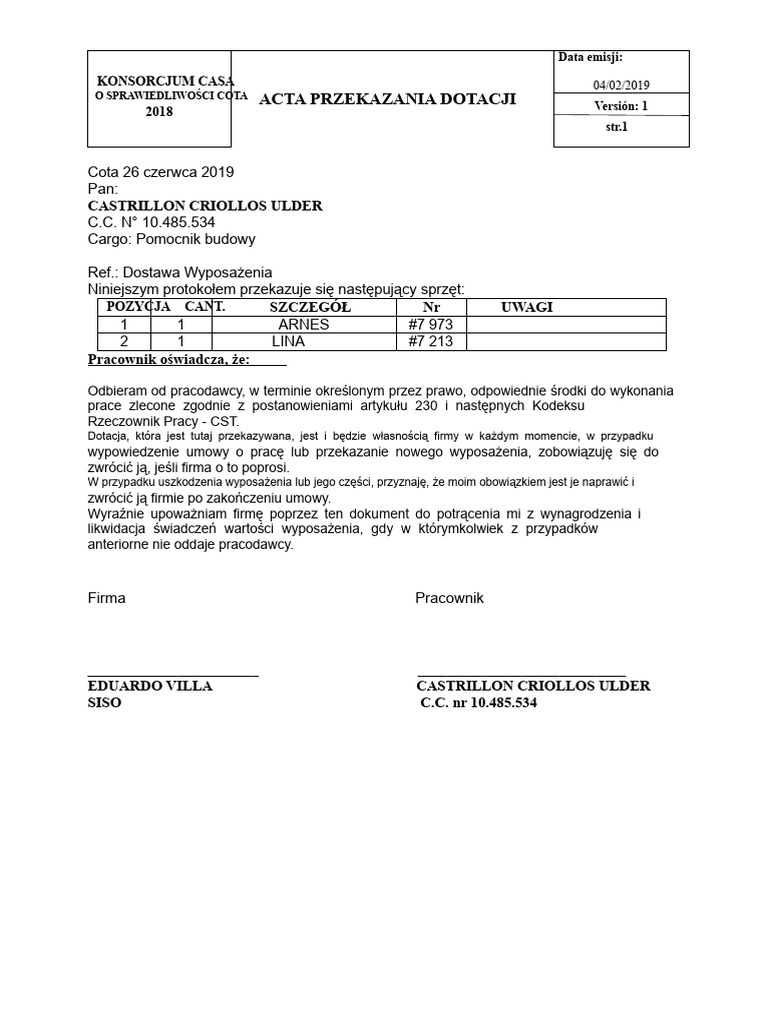 Protokół Przekazania Pasa I Liny | PDF