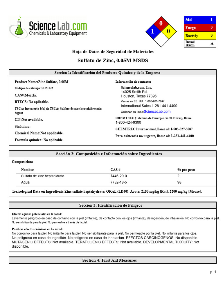 MSDS Sulfato de Zinc 0.05M: Seguridad y Manejo | PDF | Agua | Residuos