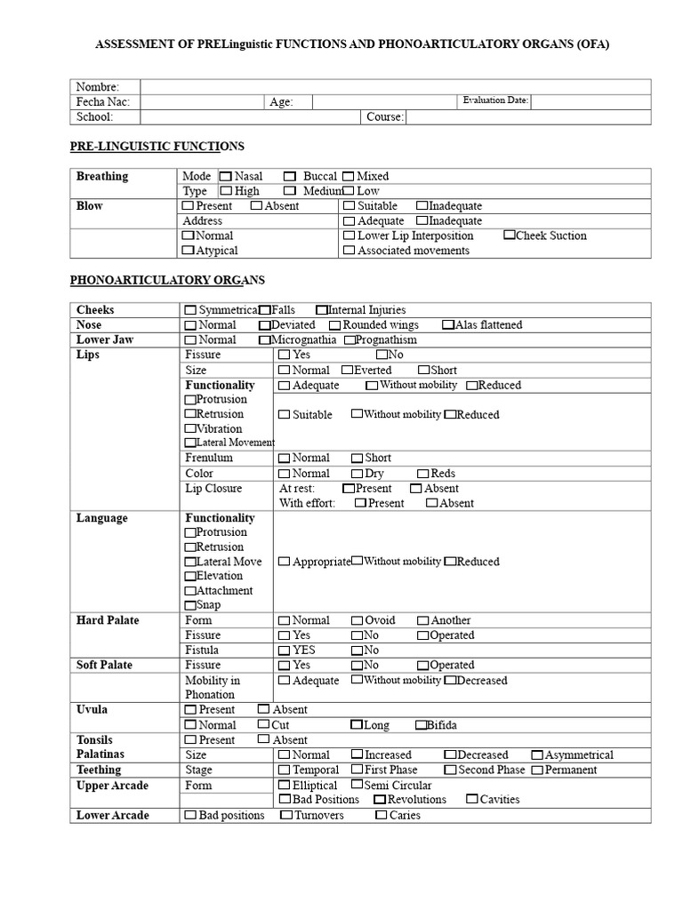 Evaluation of Pre-Linguistic Functions and Phonoarticulatory Organs | PDF | Lip | Mouth