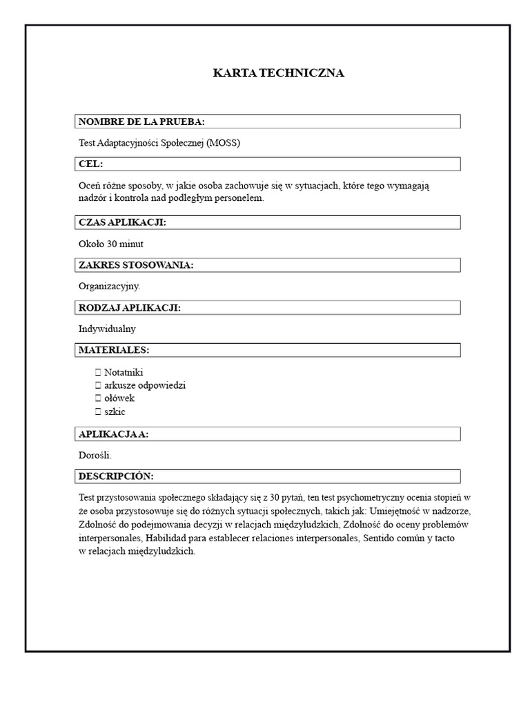 Karta Techniczna Moos | PDF