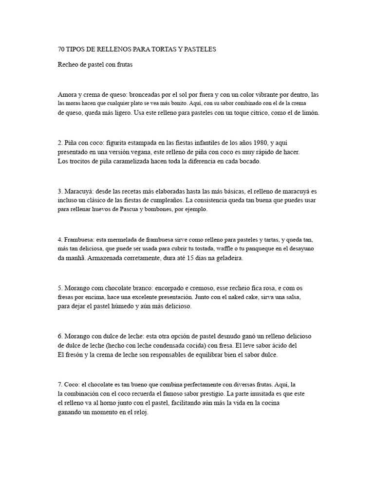 70 TIPOS DE RELLENOS PARA TORTAS Y PASTELES.pdf | PDF | Postres | Pasteles