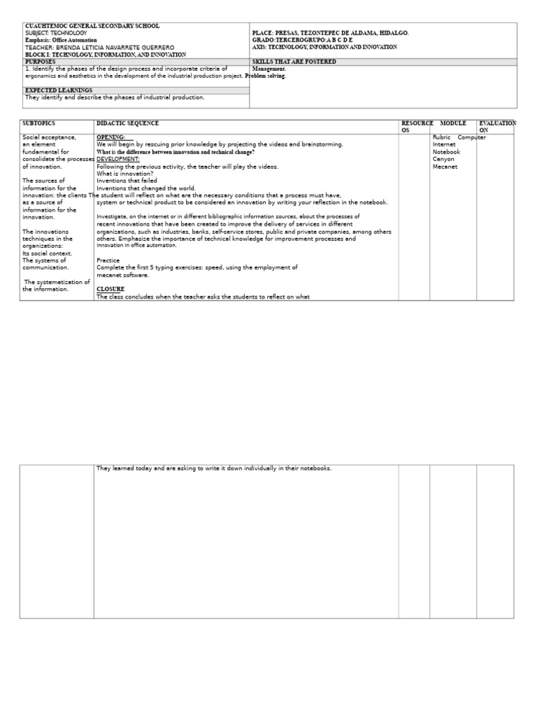 EXAMPLE OFFICE AUTOMATION LESSON PLAN | PDF | Innovation | Lesson Plan