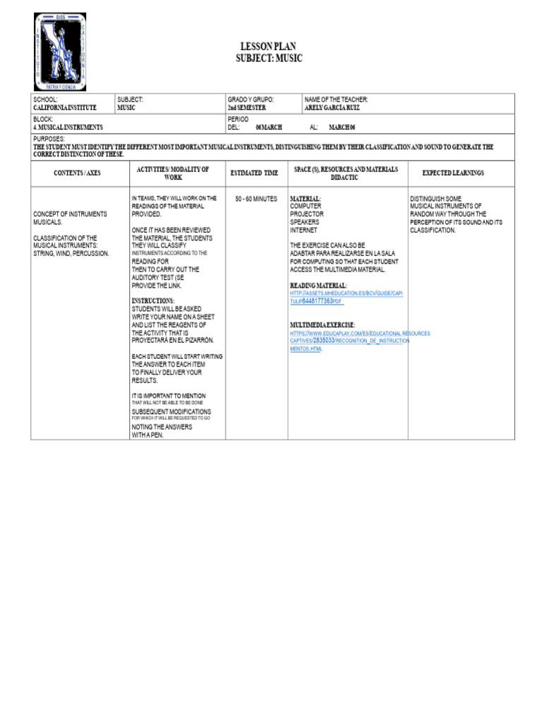 Music Lesson Plan | PDF | Lesson Plan | Musical Instruments
