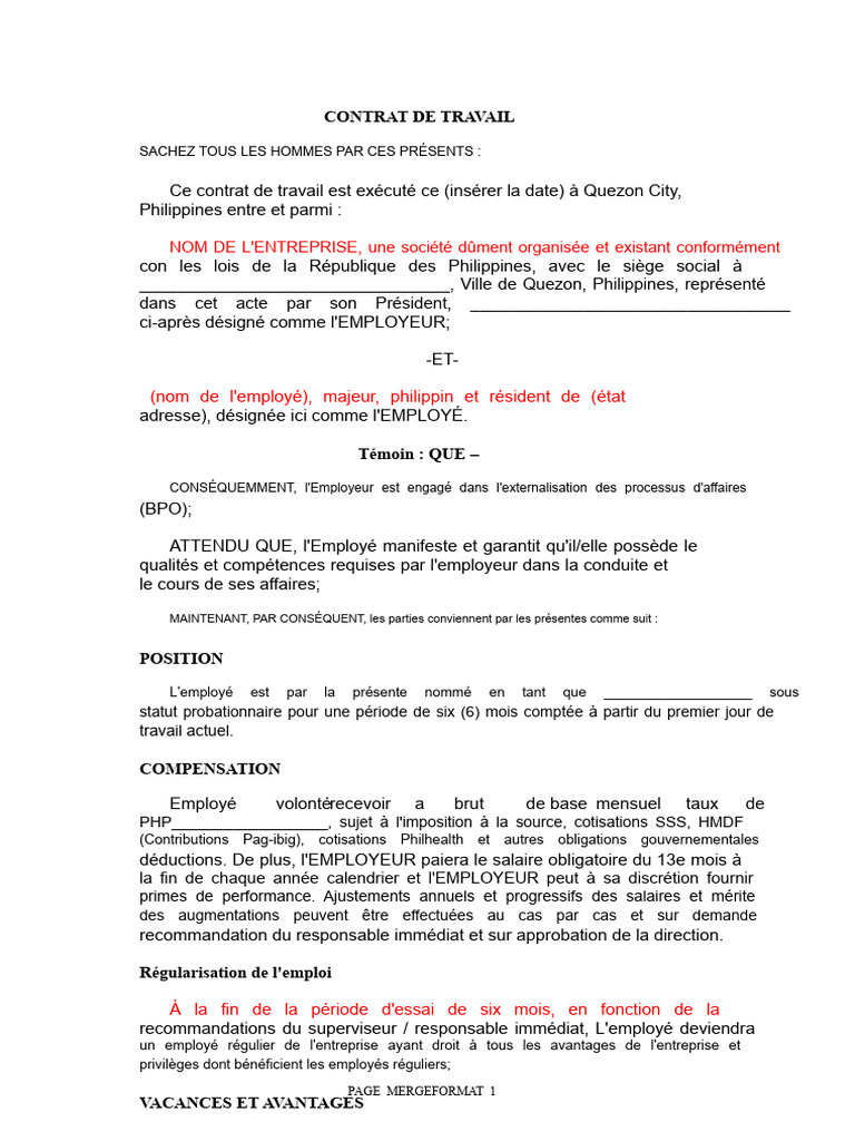 Exemple de Contrat de Travail Philippines | PDF | Business | Propriété ...
