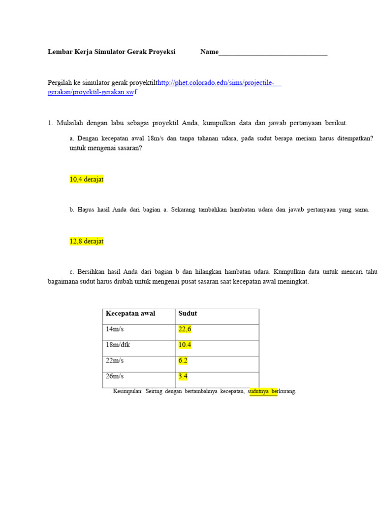 Lembar Kerja Simulator Gerak Proyektil | PDF