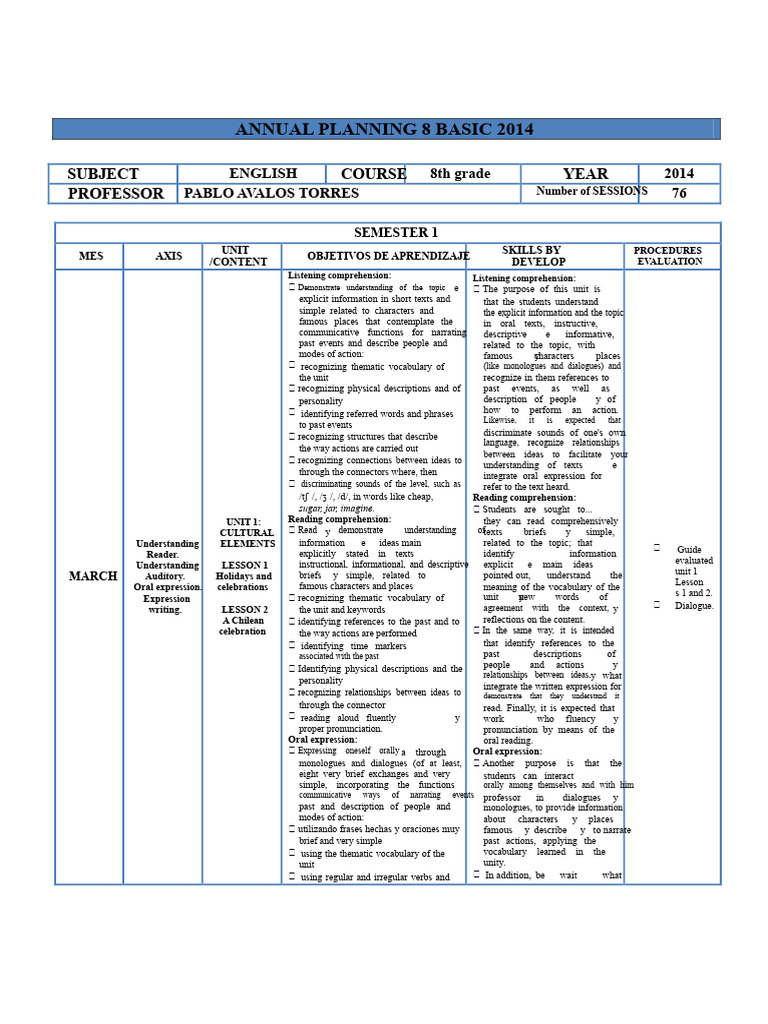 Annual Planning English 8 Basic | PDF | Reading Comprehension | Vocabulary