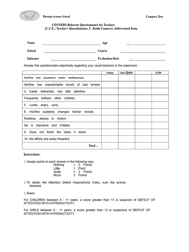 Conners Behavior Questionnaire Overview | PDF | Attention Deficit ...
