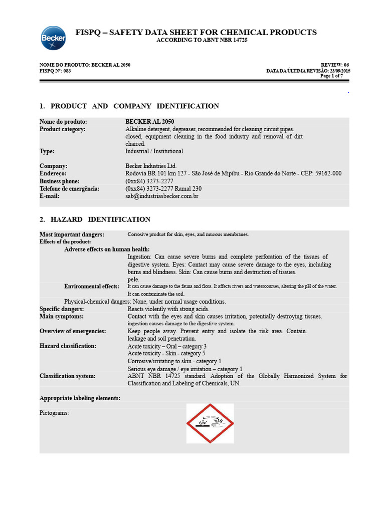 Alkaline Descaler AL 2050 BECKER Safety Data Sheet | PDF | Toxicity ...