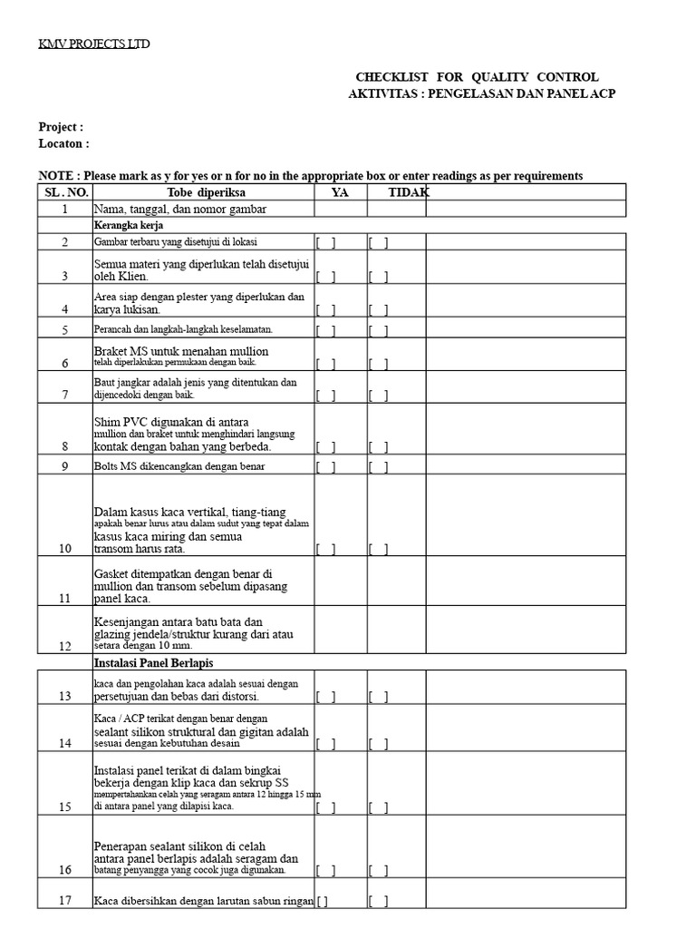27.Daftar Periksa untuk Pemasangan Kaca & Pelapis ACP | PDF