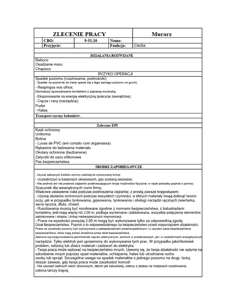 Zlecenie Dla Murarza | PDF