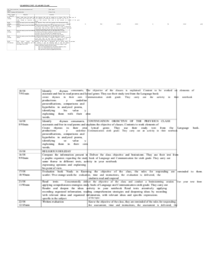 6th Grade Language Class Planning Lesson by Lesson | PDF | Reading ...