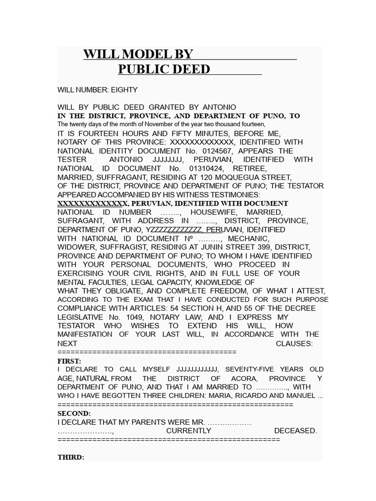 Public Deed Will Model | PDF | Notary Public | Will And Testament