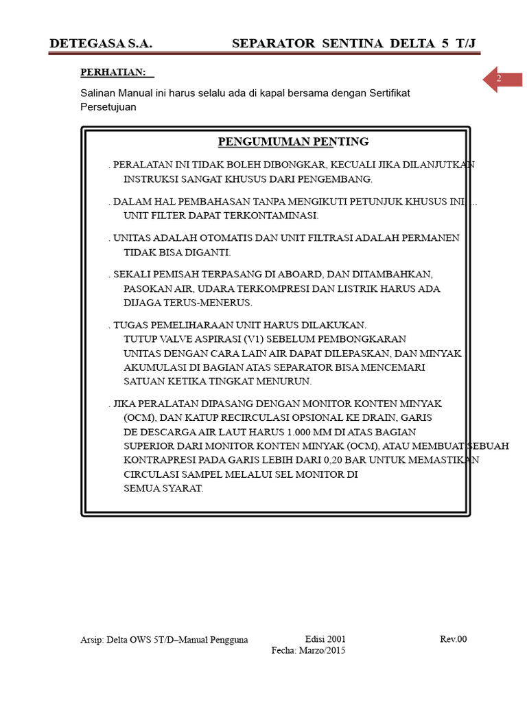 Manual Pemisah Air Dan Minyak Delta 5 TN-H Esp | PDF