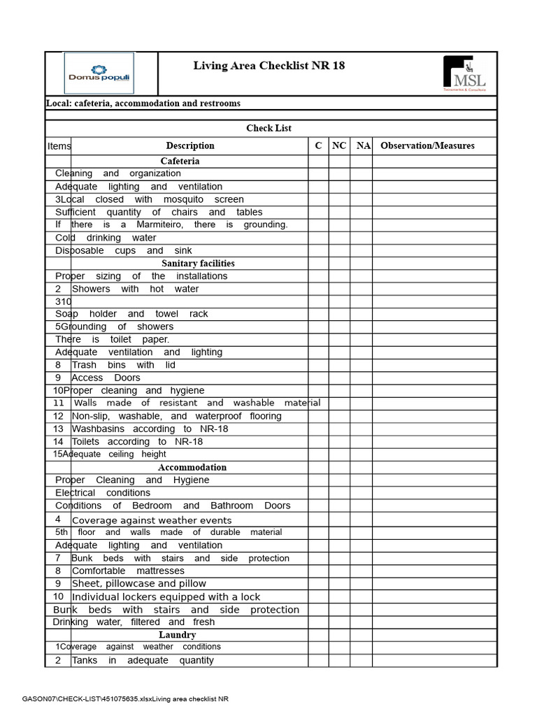 012 - Living Area Checklist NR 18 | PDF | Public Toilet | Hygiene