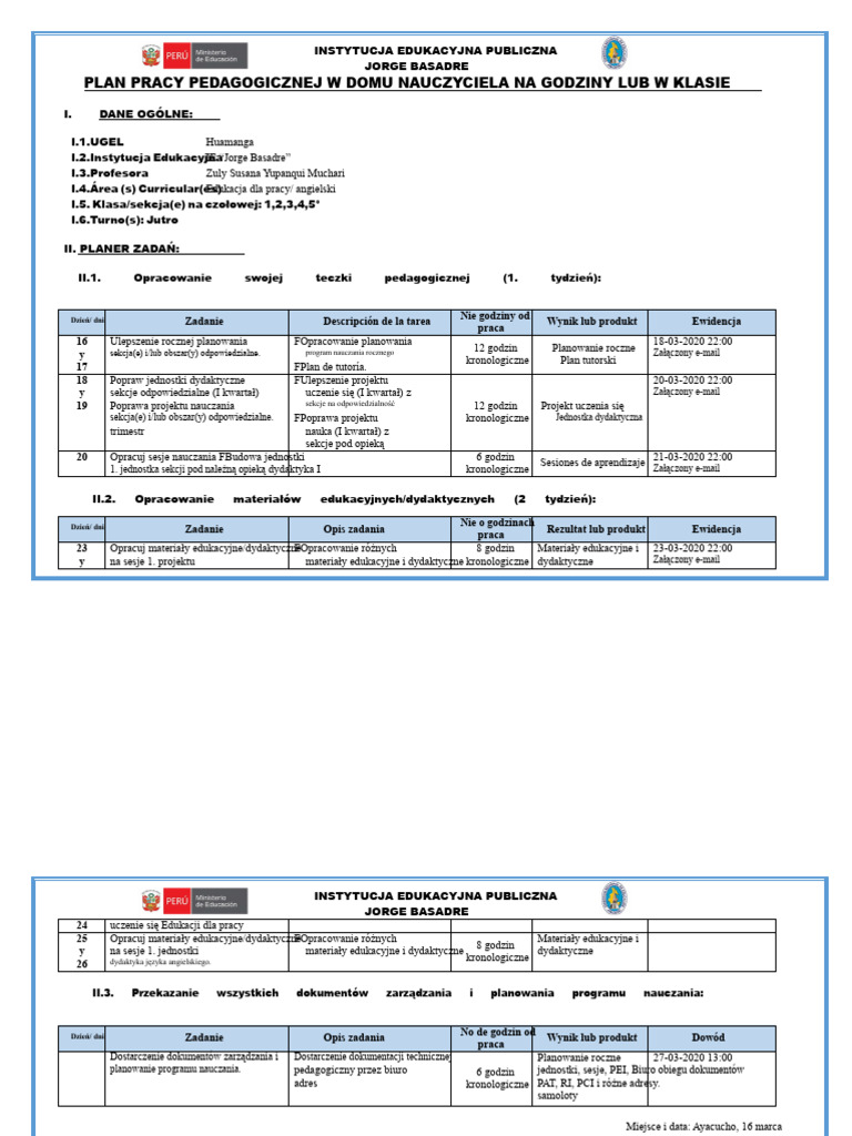Plan Pracy Pedagogicznej W Domu (Przykład) | PDF