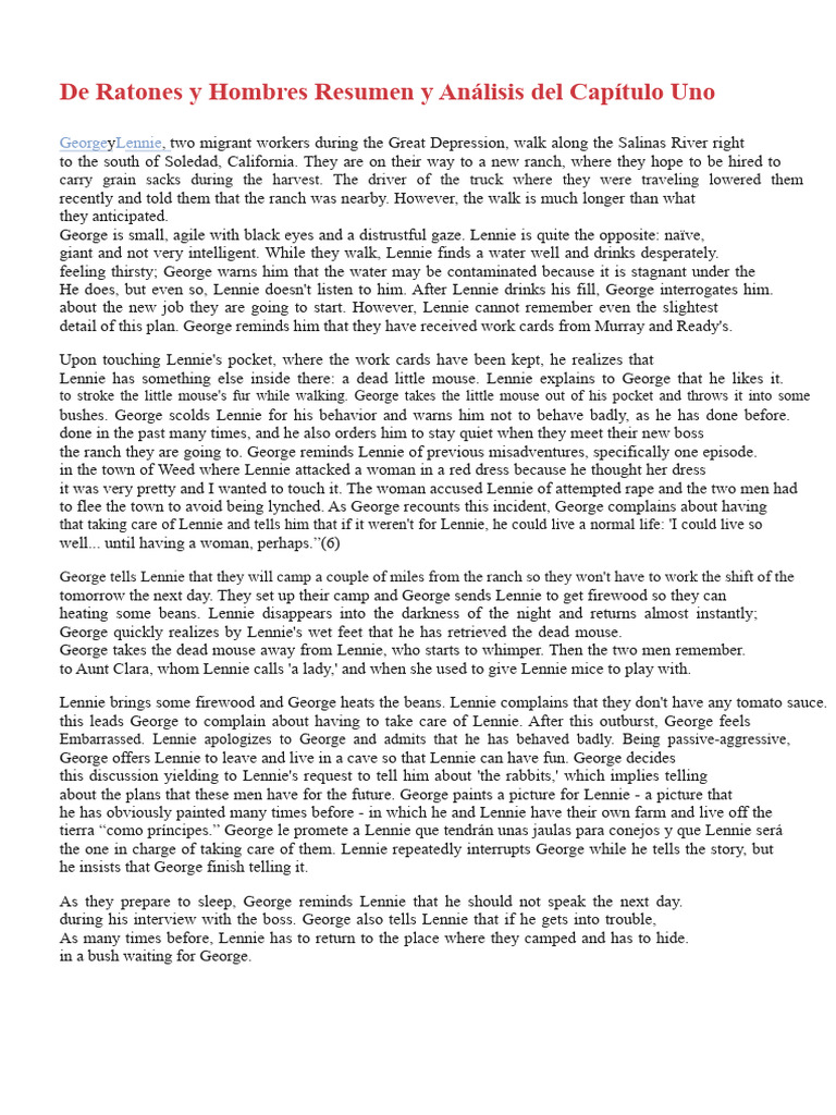 Of Mice and Men Summary and Analysis of Chapter One | PDF