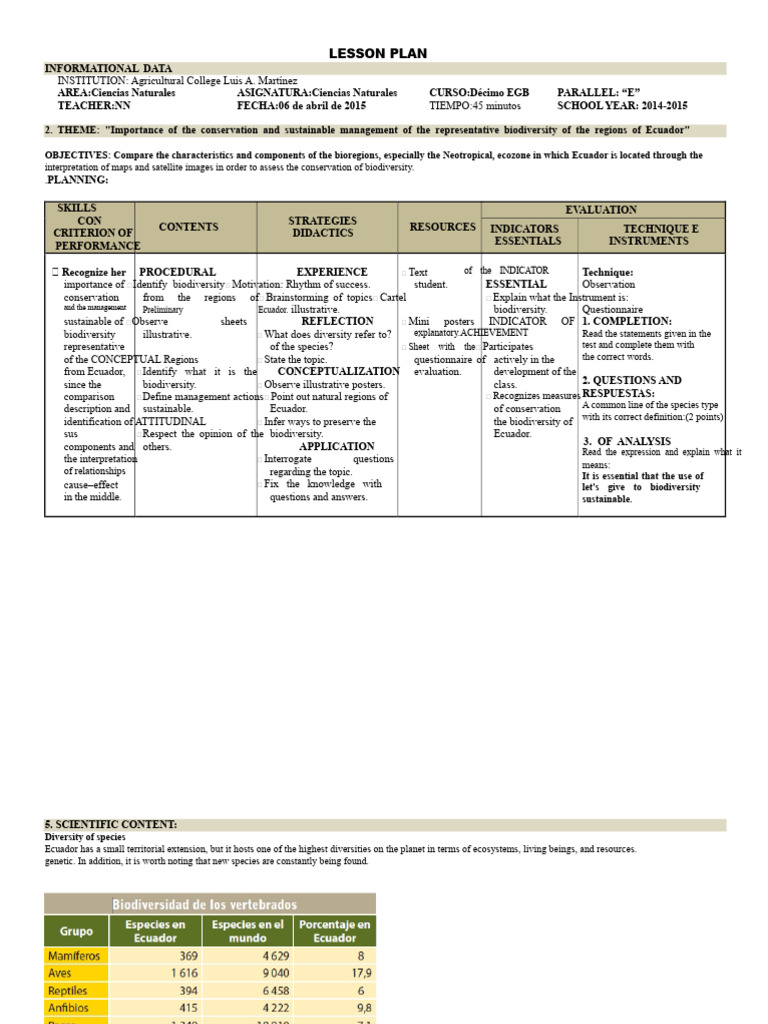 Natural Sciences Class Plan 10th Grade EGB | PDF | Biodiversity ...