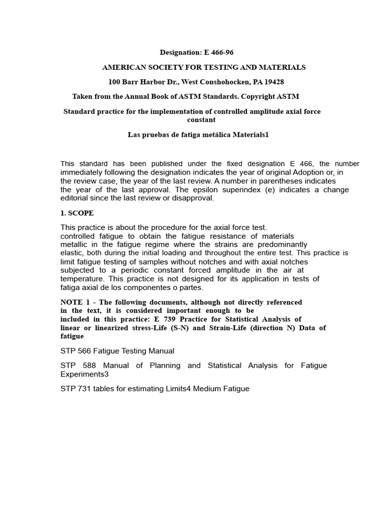 ASTM E466: Axial Fatigue Testing Guide | PDF | Fatigue (Material ...