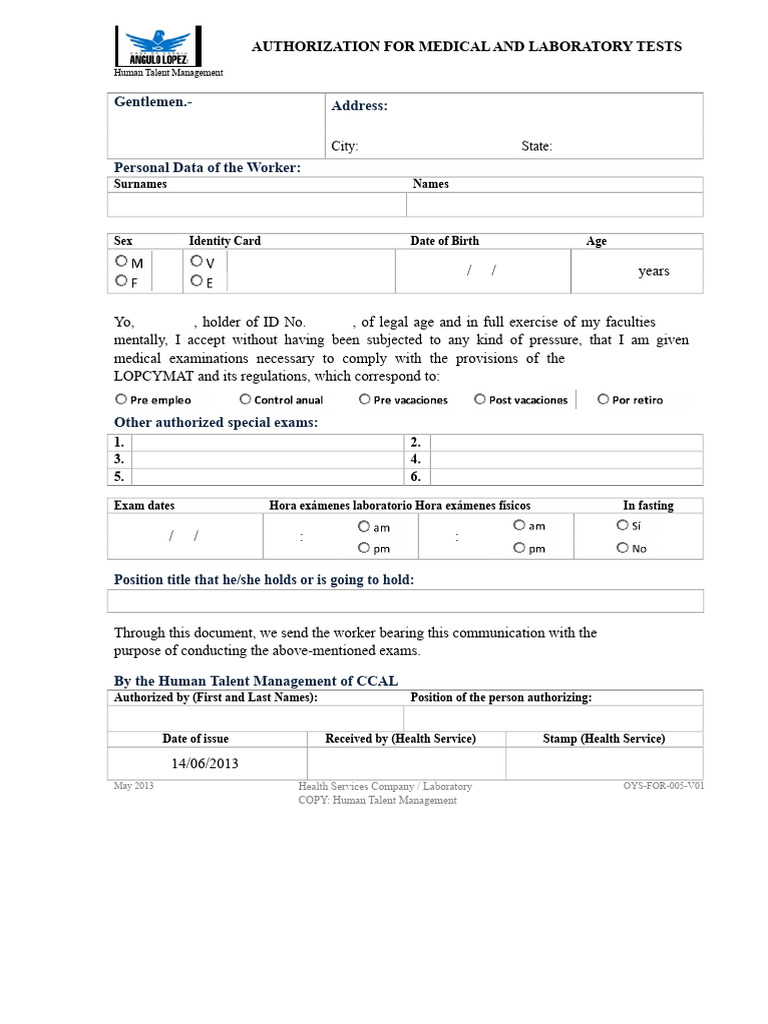 Authorization For Medical Laboratory Exams | PDF