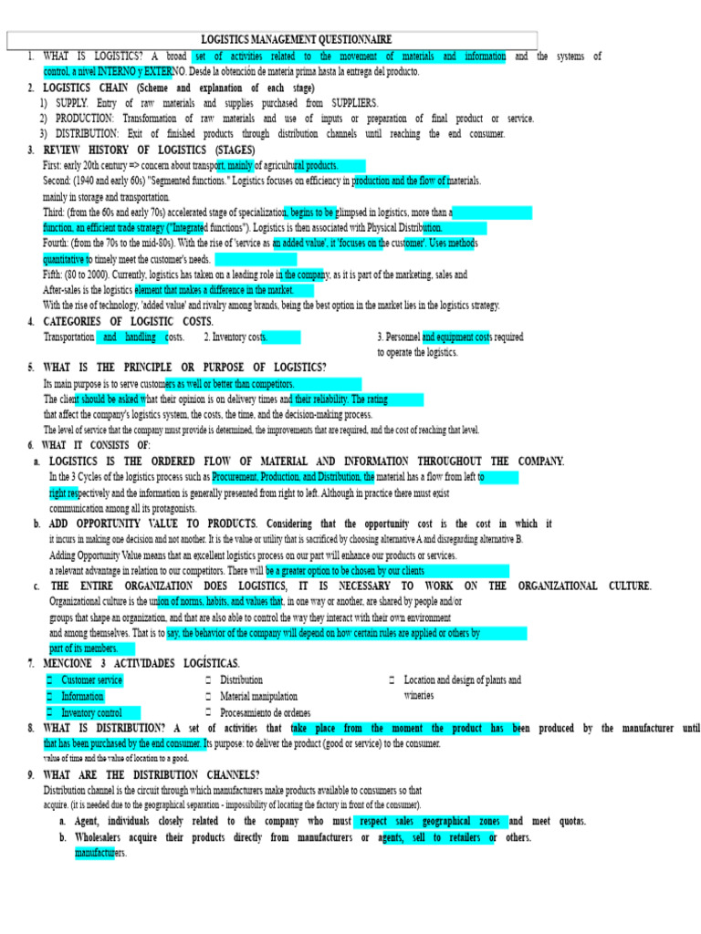 Logistics Exam Questionnaire | PDF | Logistics | Inventory
