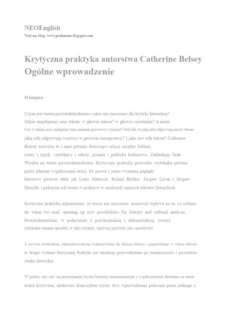 Krytyczna Praktyka Autorstwa Catherine Belsey - Wprowadzenie Ogólne ...