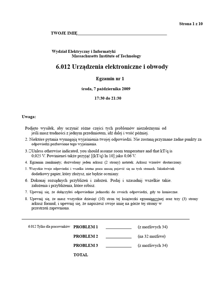 MIT6 012F09 Egzamin1 PDF | PDF