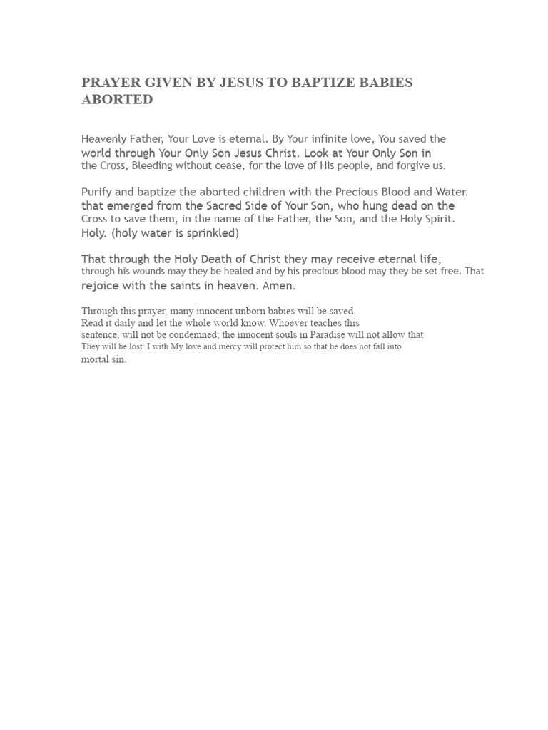 Prayer Given by Jesus To Baptize Abortive Babies | PDF