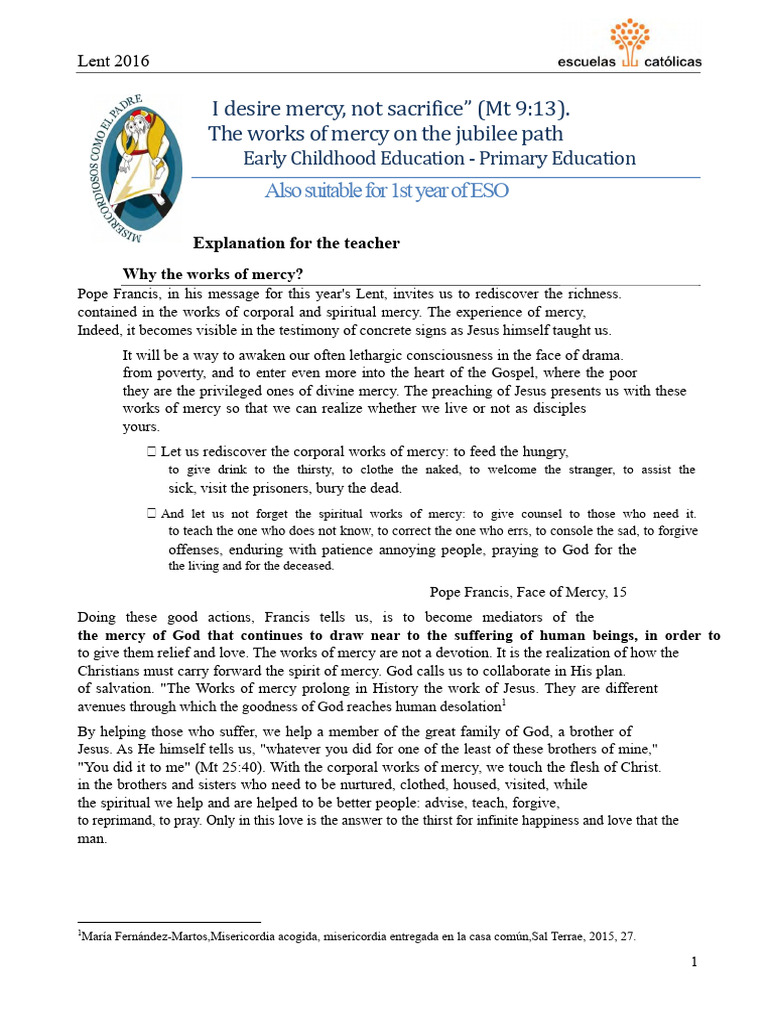 Activity Works of Mercy for Primary School Children | PDF | Mercy | Prayer