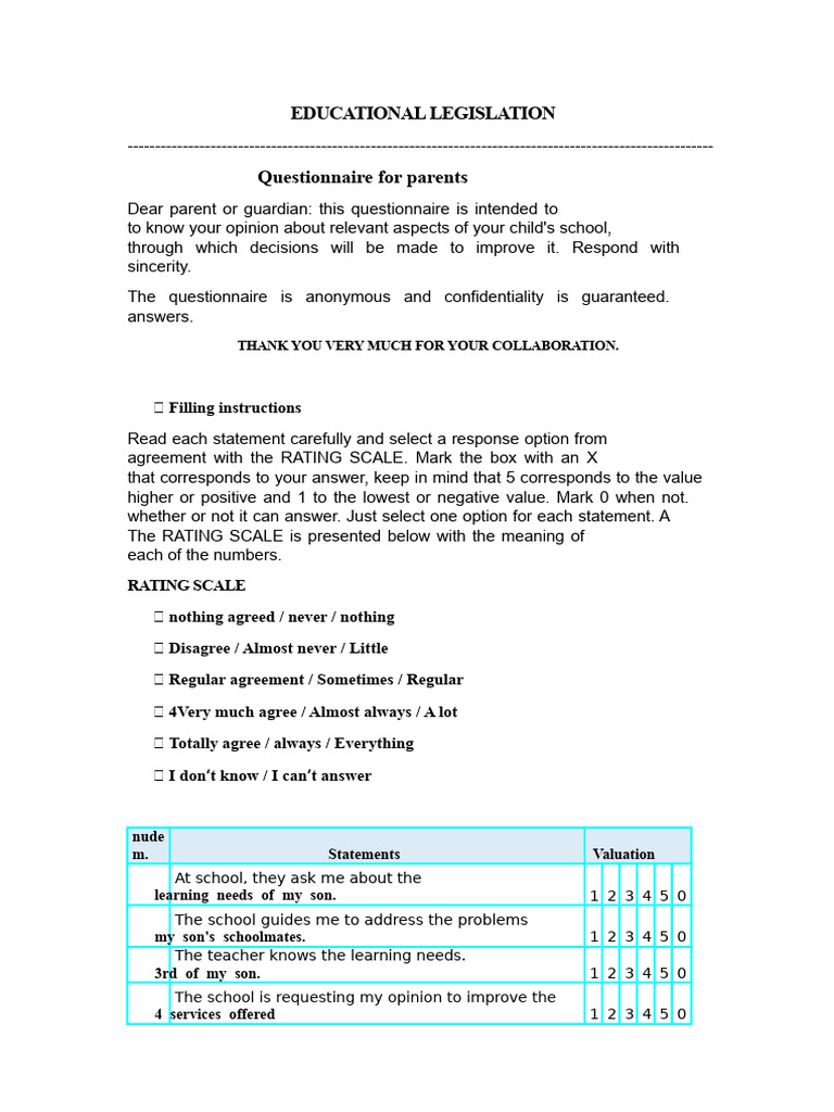 Questionnaire for Parents | PDF | Questionnaire | Teachers