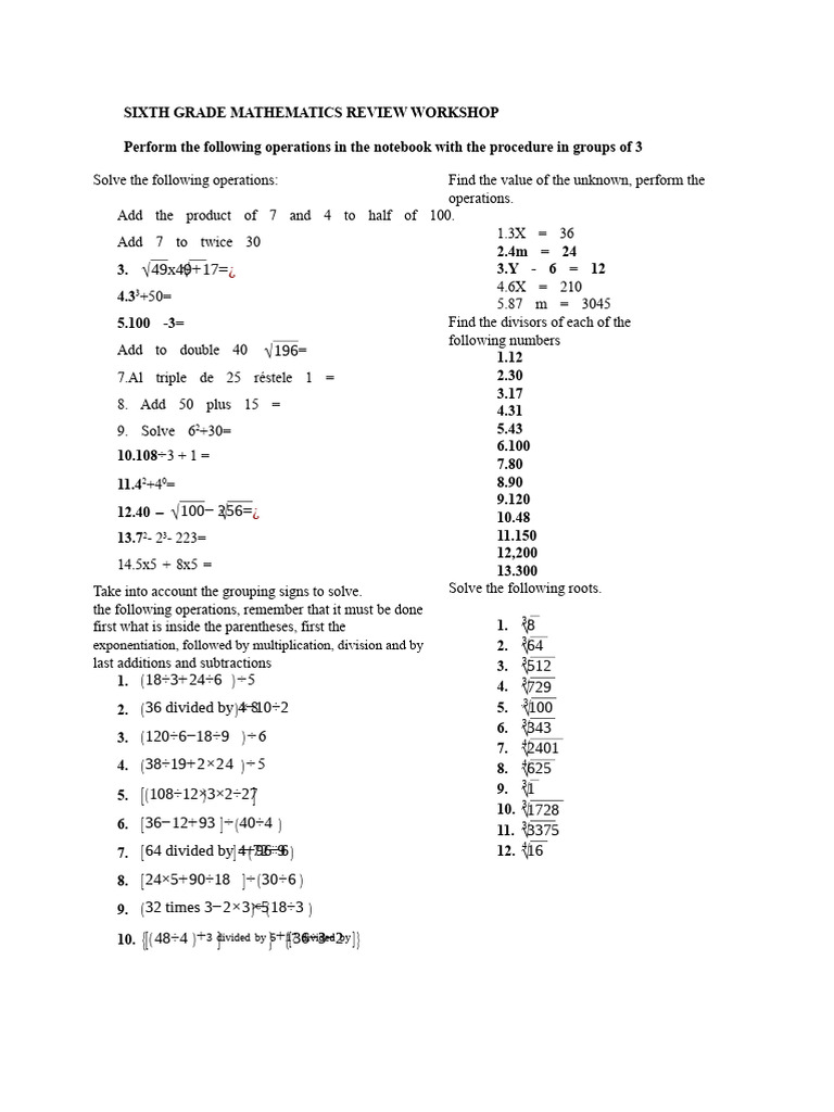 MATH REVIEW WORKSHOP SIXTH GRADE | PDF | Square Root | Algebra
