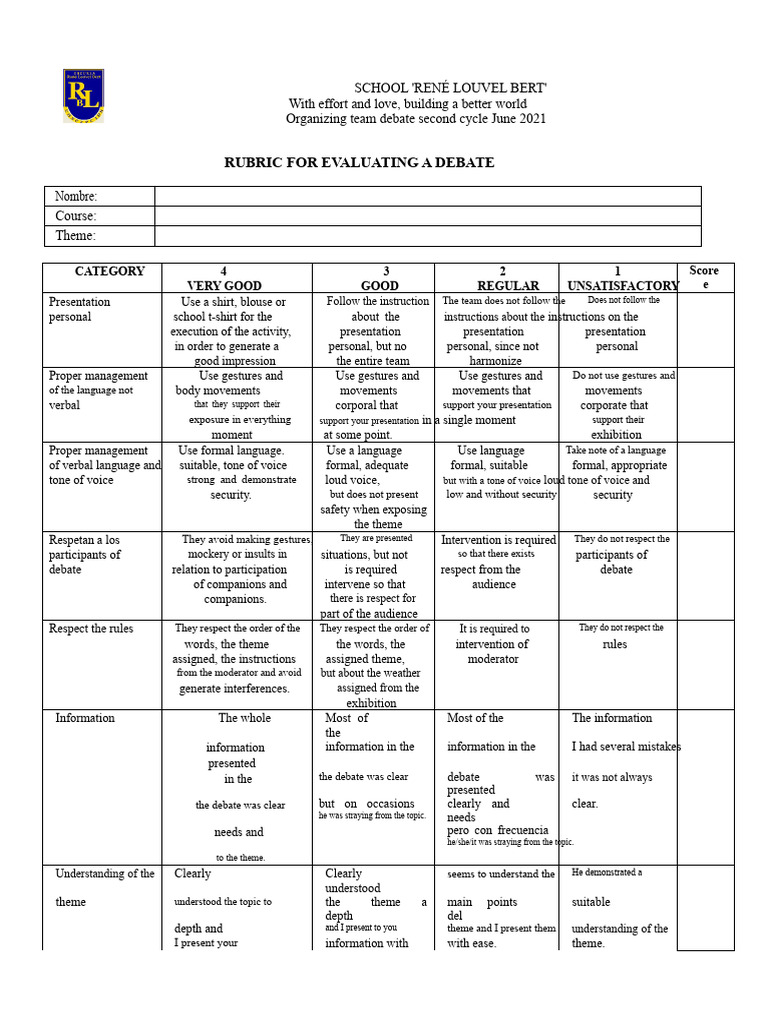 Debate Evaluation Rubric for Students | PDF | Cognition | Learning