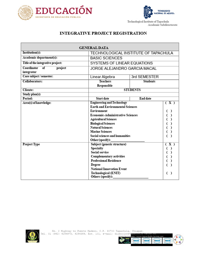 Integrative Project Registration Format Tapachula | PDF | Algebra ...