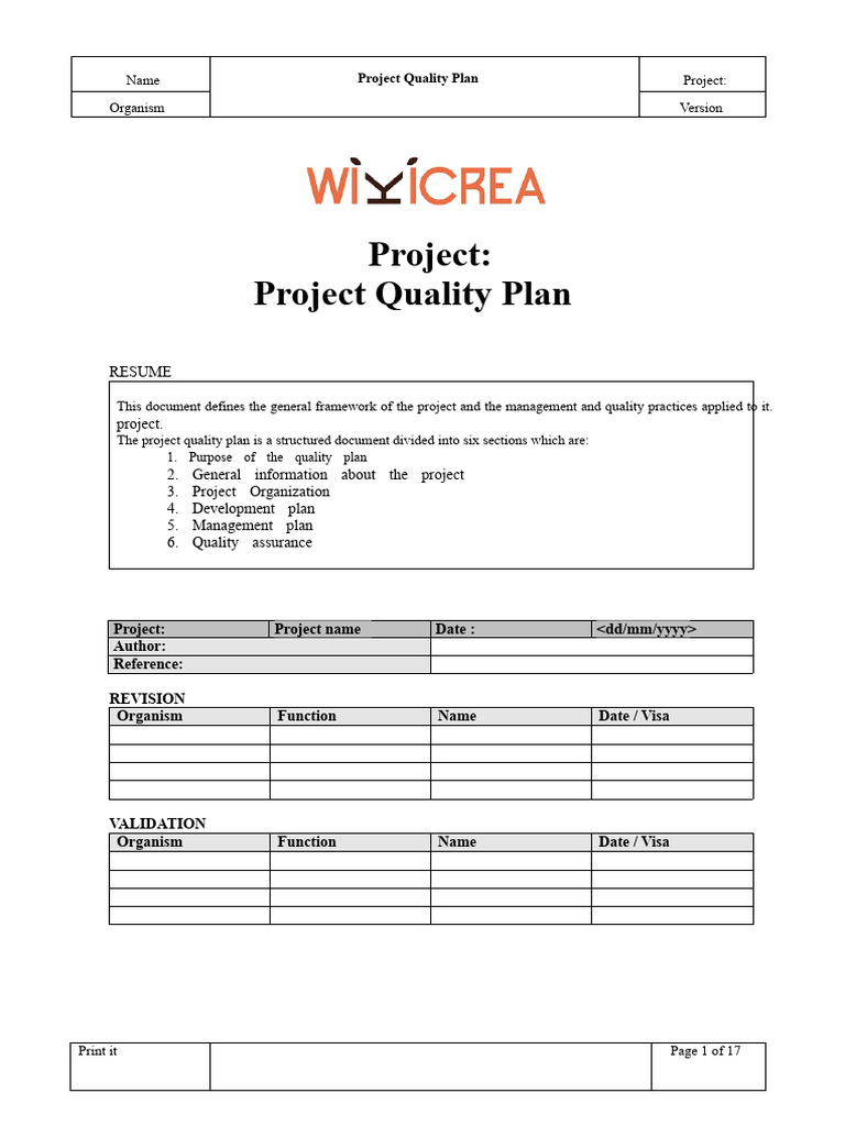 Project Quality Plan Overview | PDF | Project Management
