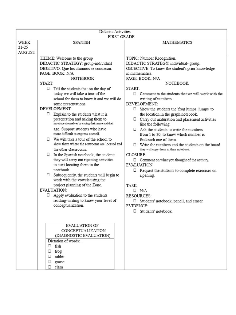Teaching Planning Week 1 First Grade | PDF | Education Theory | Cognition