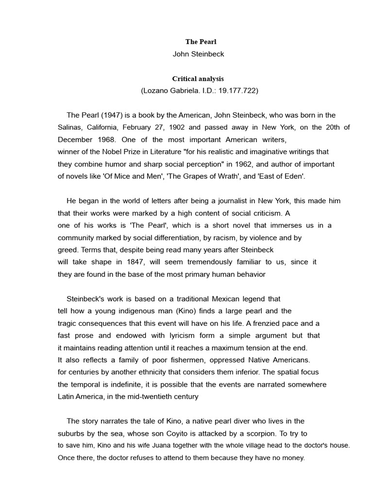 Analysis of The Book The Pearl | PDF | John Steinbeck | Seven Deadly Sins