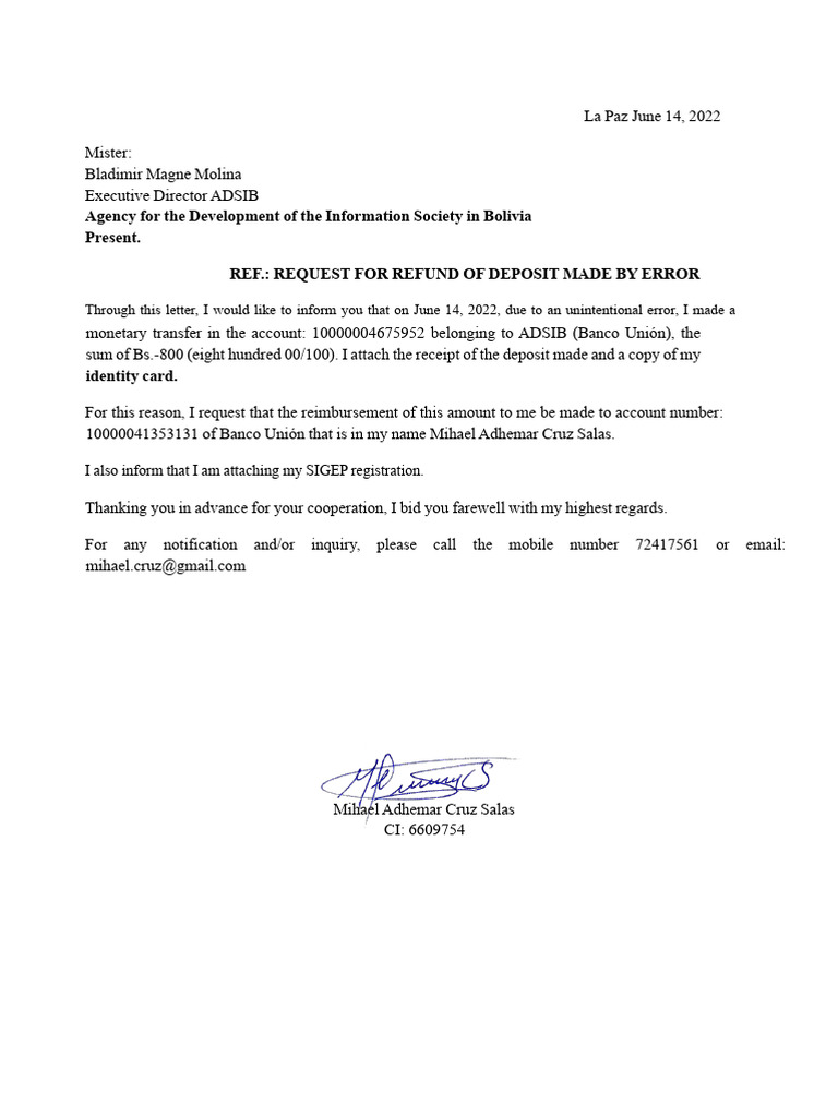 Request For Refund Note, Sigep Beneficiary | PDF